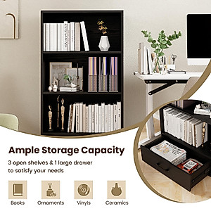 LOKO 4-Tier Bookcase with Storage Drawer, Modern Organizer Display Storage Shelves with Anti-toppling Device, Freestanding Bookshelf with 3 Open Shelves & 1 Drawer, Living Room, Study, Office (Black)