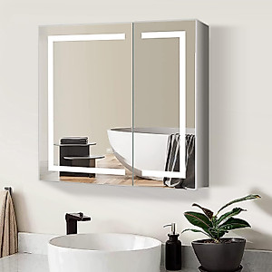 Chende 30x32 Medicine Cabinet with Lights, Stainless Steel LED Medicine Cabinet for Bathroom, Anti-Fog Lighted Medicine Cabinet with 2 Mirror Doors, Dimmer, Interior Lights