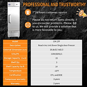 CHUMART 27" Commercial Freezer with Single Solid Door, 23 Cu.ft Fan Cooling Stainless Steel Upright Freezer, LED Lighting, 3 Shelves for Restaurant, Commercial Kitchen, Home,Bar, Shop, etc