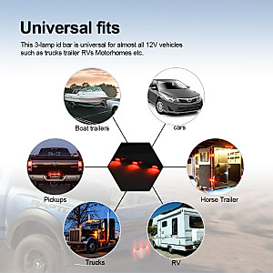 Partsam Red Clearance ID BAR Marker Light 3 Light 9 LED Trailer Sealed Stainless Steel, [DOT Approved] Sealed 3-Light Truck and Trailer Identification LED Light Bar Red Led Strip w/Black Base