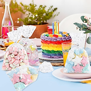 LEOSINDA 100 pcs Clear 6"X 10" Flat Gift Wrap Cellophane Bags Cello Bags Cookie Bags Treat Bags with Twist Ties Poly Bag 1.3 mil for Bakery, Cookie, Candies Silver Star Printed