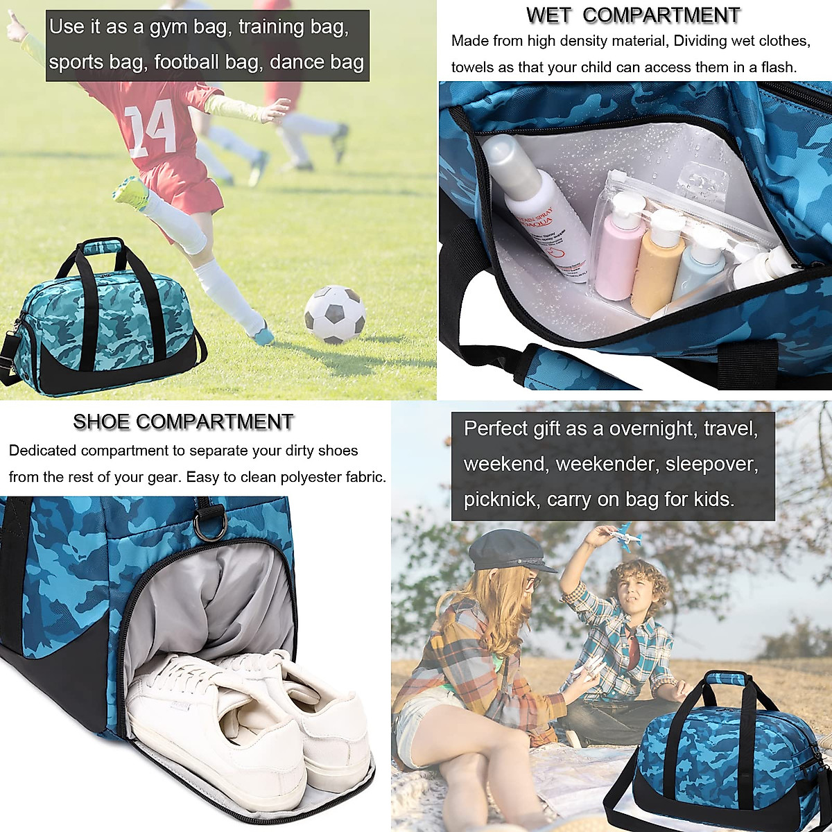 Boys Overnight Duffel Bags Sport Gym Bag Gymnastics Bag with Shoe Compartment, Carry-on Size Weekender Sleepovers Travel Duffel Bag for Boys (Blue Camo)