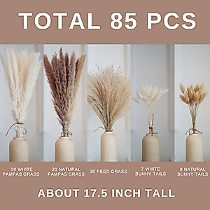 Natural Dried Pampas Grass Bouquet - 85 PCS with Bunny Tails, Dried Flowers, and Pompas for Boho Home Decor, Wedding Floral Arrangements, Rustic Farmhouse Party in White and Brown