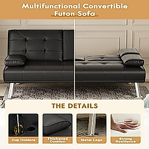YESHOMY Convertible Folding Futon Sofa Bed Sleeper Couch for Living Room Faux Leather Upholstered Loveseat w/Removable Armrests, Metal Legs, 2 Cup Holders, Dark Black