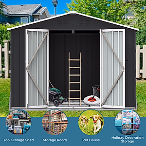 Zevemomo 8 x 6 ft Outdoor Storage Shed, All Weather Metal Shed with Metal Foundation & 2 Lockable Doors, Tool Shed Outdoor Storage for Garden, Patio, Backyard, Lawn, Black
