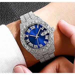 Hip Hop Iced Out Men's Rhinestone Watch Diamond Analog Quartz Watch (Blue)
