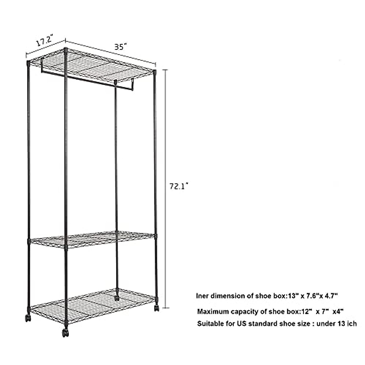 KARMAS PRODUCT 3 Tiers Wire Garment Rack with Hanger Bar Wheels, Heavy Duty Clothes Rack Portable Clothes Wardrobe Compact Extra Large Armoire Storage Rack Metal Clothing Rack