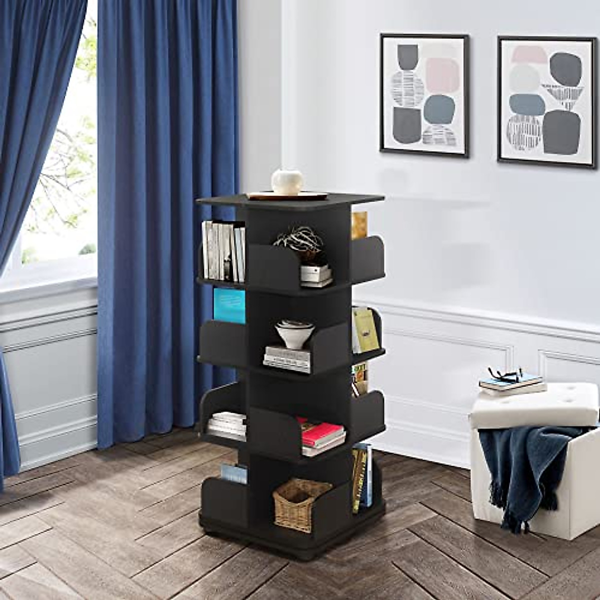 Kings Brand Furniture - 4-Tier Revolving Bookcase Bookshelf, Media Storage Cabinet, Black