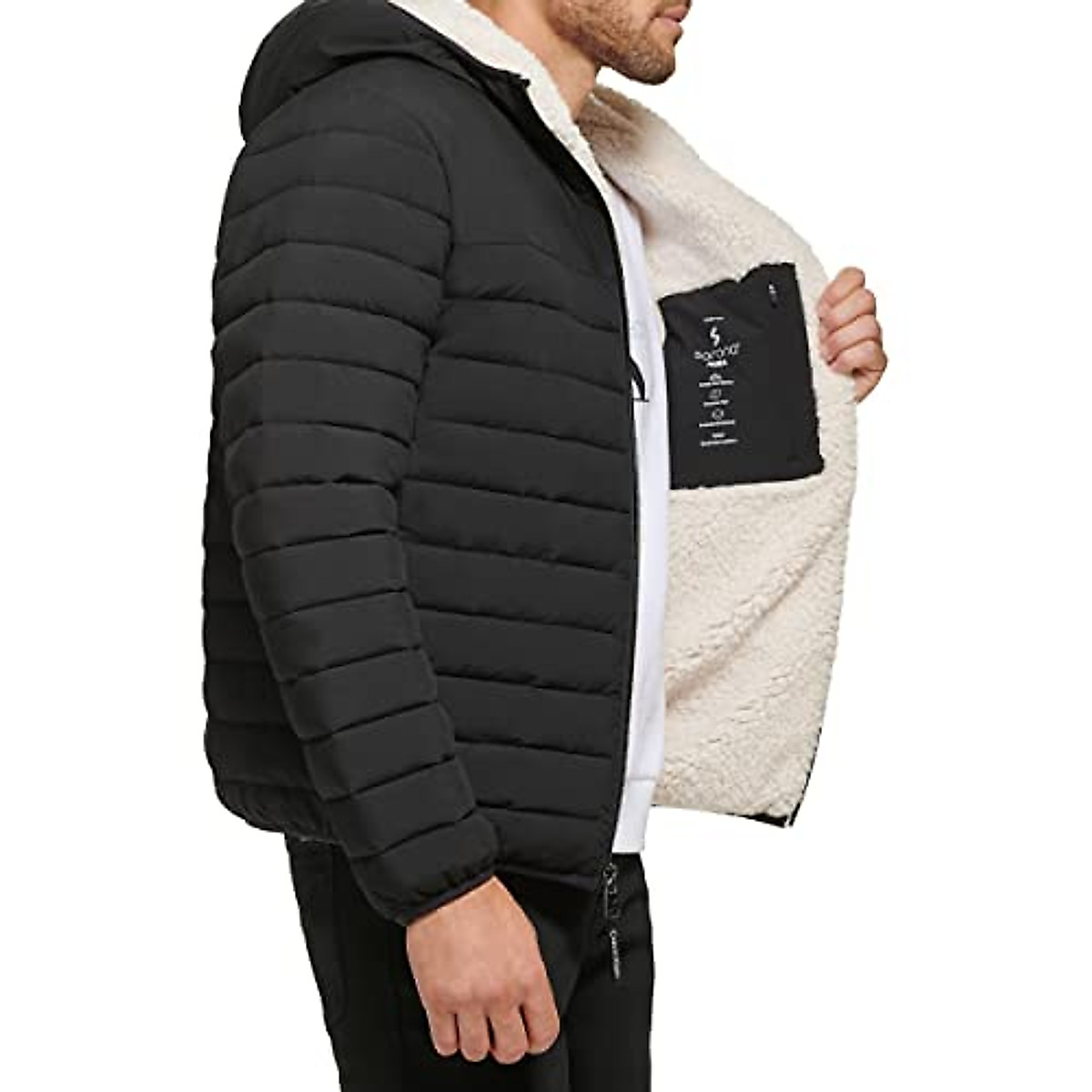 Calvin Klein Men's Hooded Down Jacket Quilted Coat Sherpa Lined, Ebony, Small