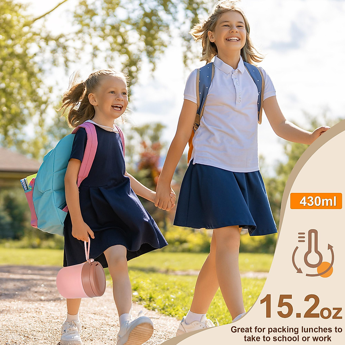 Insulated Food Container for Kids Adult - 15.2 Oz, Stainless Steel Vacuum Insulated Kids Food Jar with Folding Spoon, Leak Proof, Vacuum Insulated Thermo, Portable Food Bowl, Pink