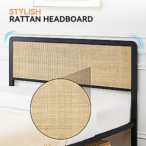 Alkmaar Full Size Metal Bed Frame with Rattan Headboard and Footboard, Platform Bed Frame with Safe Rounded Corners, Under Bed Storage, Strong Metal Slat Support, No Box Spring Needed