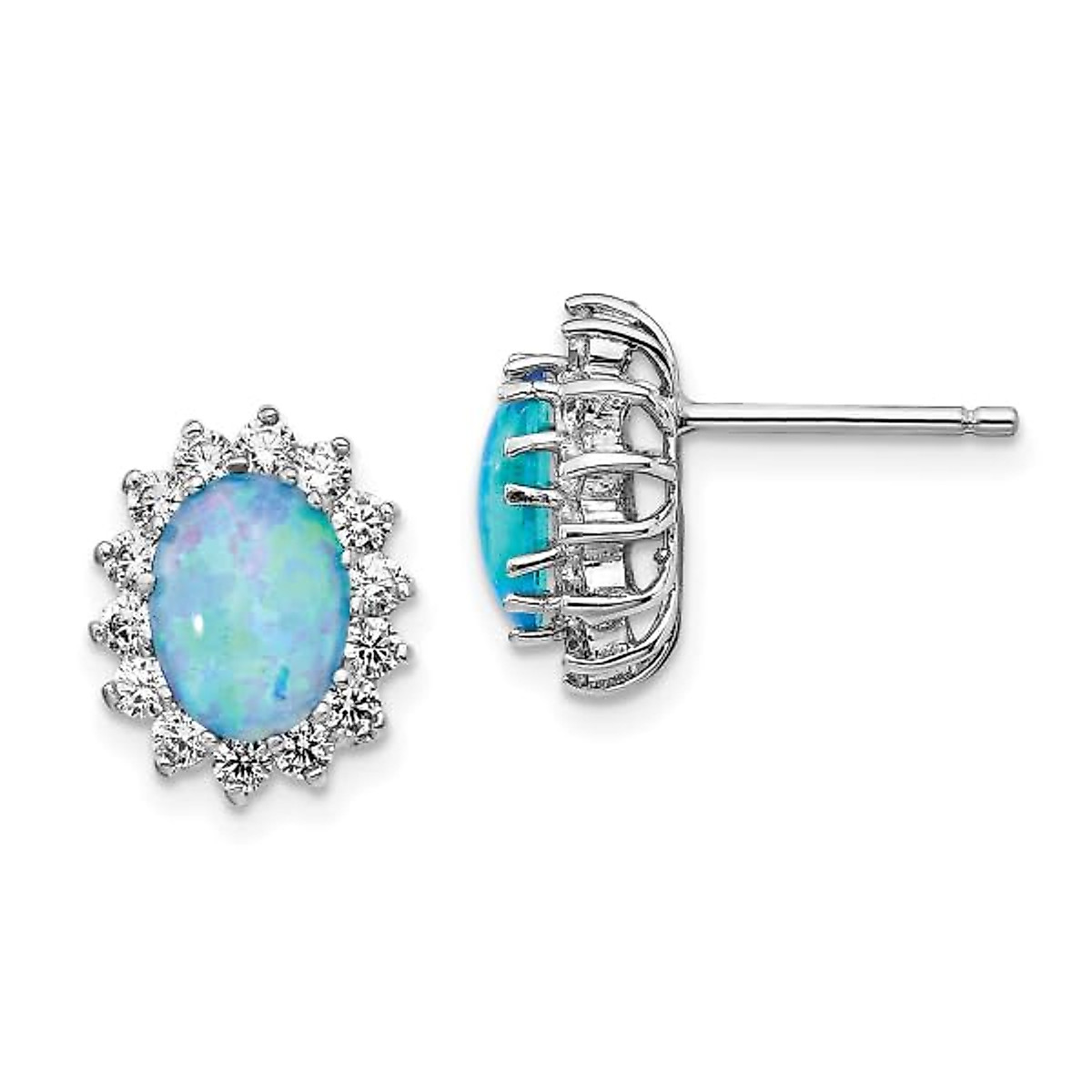 925 Sterling Silver Cabochon Lab Grown Created Blue Opal Cubic Zirconia CZ Stud Earrings