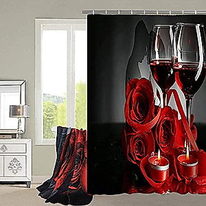 Shower Curtain Sets with Rugs and Towels, Non-Slip Rugs, Toilet Lid Cover, Bath Towel and Mat, Romantic Red Rose Shower Curtain with 12 Hooks