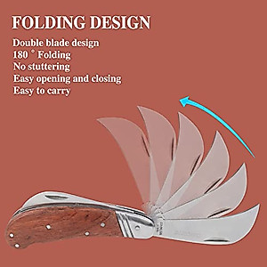 BaiCarre Pruning Knife, Double Blade Grafting Knife, Stainless Steel Garden Budding Knife, Folding Pocket Knife for Grafting Multi Cutting Tool, Weed Bushes Branches Mushroom Diggig Knife