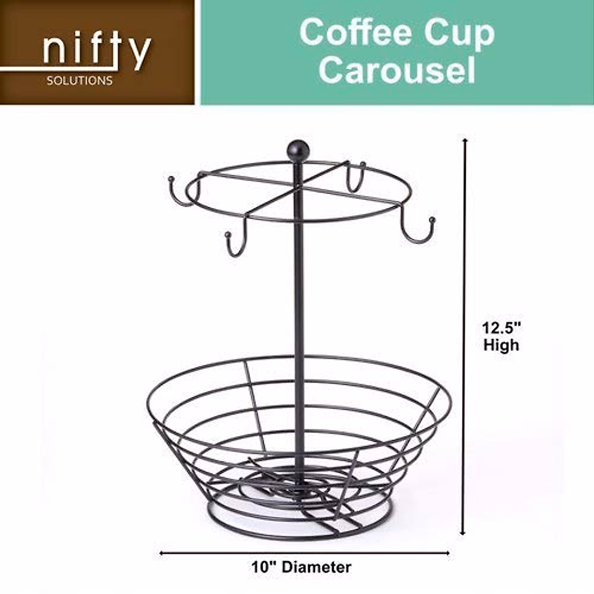 Nifty Coffee Pod & Mug Carousel – Holds 4 Cups, Capsule Storage, Spins 360-Degrees, Lazy Susan Platform, Modern Black Steel, Home or Office Kitchen Counter Organizer