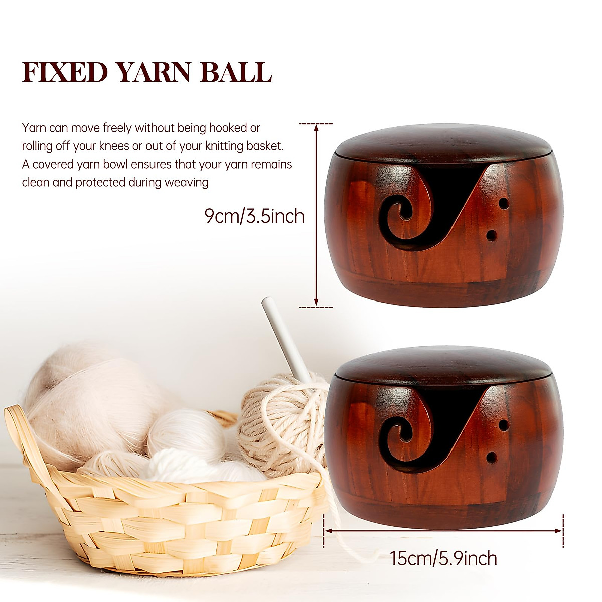 GLMFAN Wooden Yarn Bowl, Knitting Yarn Bowls with Holes, Pine Wood Crafted Yarn Storage Bowl, Handmade Round Weaving Thread Yarn Holder for DIY Knitting, Knitting Crochet Accessories 6" x 3" (with