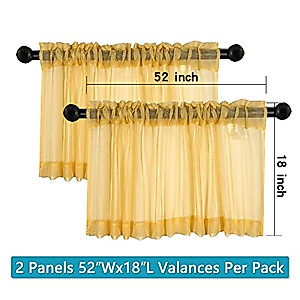 Gold Yellow Valances for Windows - Light Filtering Semi Sheer Valances for Living Room/Bedroom/Kitchen/Bathroom/Cafe - Transparent Window Valance Curtains with Rod Pocket 2 Panels 52 by 18 Inches Long