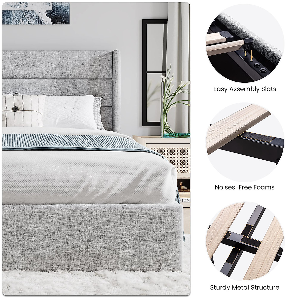 SHA CERLIN King Size Lift Up Storage Bed/Modern Wingback Headboard/Upholstered Platform Bed Frame/Hydraulic Storage/No Box Spring Needed/Wood Slats Support/Light Grey