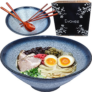 Evovee Japanese Ramen Bowls and Spoons Set 60 oz Ceramic Extra Large Asian Noodle Bowls Ramen Bowls and chopsticks and spoons set of 2 Japanese Bowls Pho Bowl Ramen Bowl Set 9 inch Blue