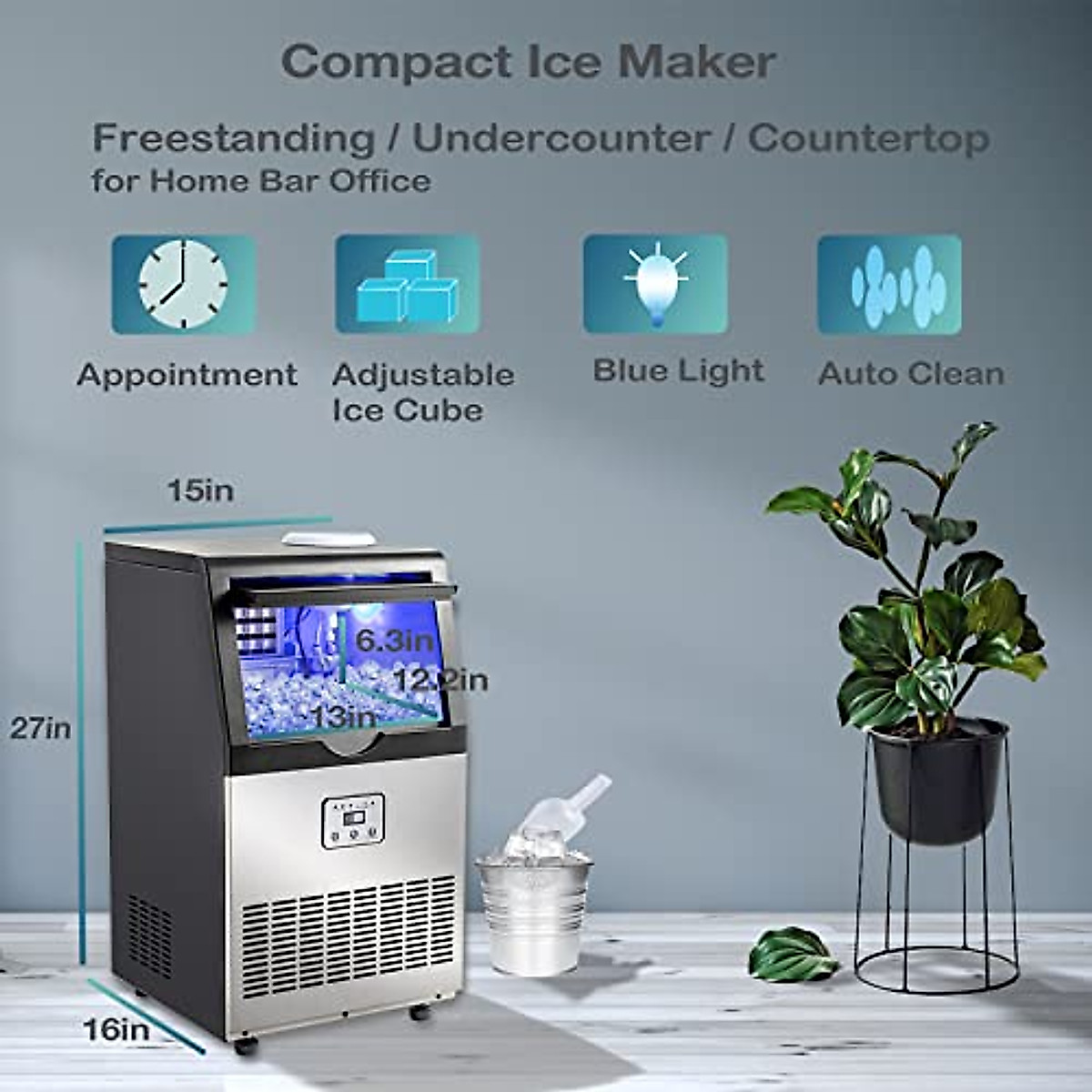 DESENNIE 110V Ice Maker Machine 70LBS/24H | Make a Appointment | Auto Clean | Blue Light | Adjustable Ice Cube | Freestanding Undercounter Countertop for Home Bar Office