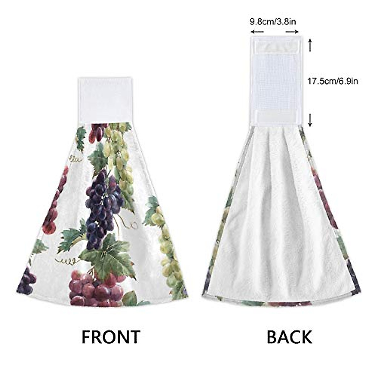 Red White Black Grapes with Green Leaves On White 2 Pcs Hanging Kitchen Hand Towels, Hanging Tie Towels with Hook & Loop Dishcloths Sets, Decorative Absorbent Tea Bar Bath Hand Towel