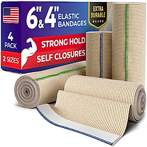 Premium Elastic Bandage Wrap - 4pk (2x6", 2x4") – Self-Closing - Strong Compression Bandage Wrap - Waist, Legs, Elbow, Knee Wrap