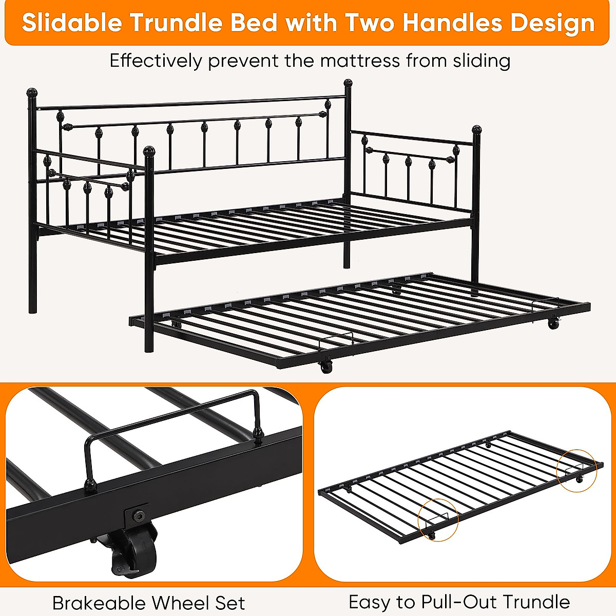 Haplized Twin Size Metal Daybed with Pull Out Trundle, Modern 2 in 1 Sofa Bed Frame for Kids Teens Adults,Single Daybed Sofa Bed Frame for Bedroom Living Room Guest Room,No Box Spring Needed