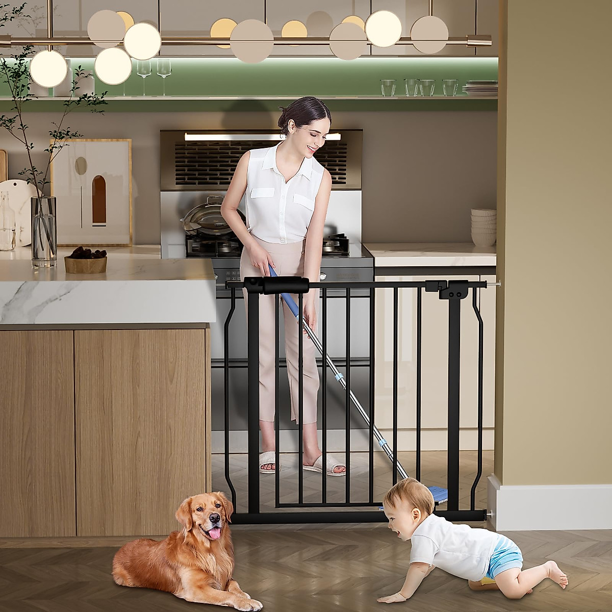 HOOOEN Narrow Baby Gates for Stairs Doorways Auto Close Tension Black Metal Child Pet Safety Gates with Pressure Mount 24-29 Inch Wide