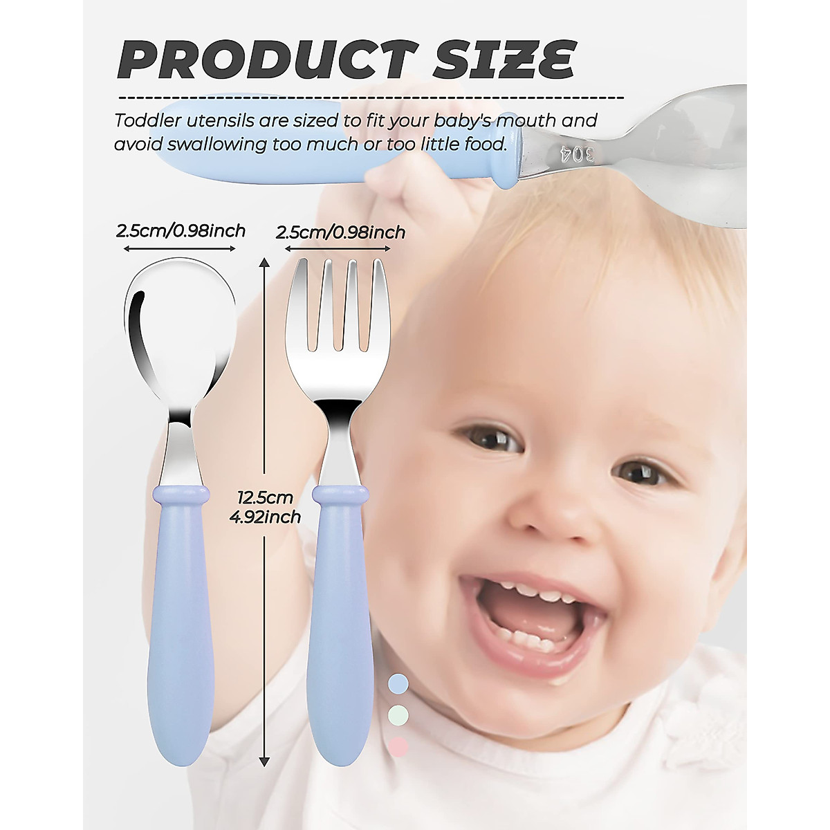 6 pcs Toddler Utensils, Stainless Steel Toddler Silverware Set with Round Handle, Baby Forks for Self Feeding, 3 Toddler Forks and 3 Toddler Spoons, BPA Free