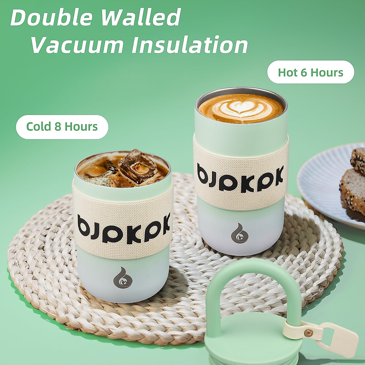 BJPKPK 13oz Insulated Stainless Steel Loop Tumbler With Lid And Handle Travel Coffee Mug Thermal Cup,Green Fog