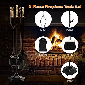 Tangkula 5 Pieces Fireplace Tools Wrought Iron Toolset 4 Tools & Decor Holder Indoor Outdoor Tong,Poker, Base, Shovel,Brush Fireplaces Hearth Accessories
