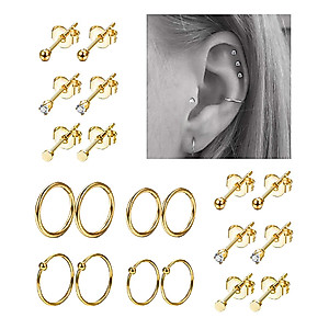 REVOLIA 10Pairs Stainless Steel Cartilage Earrings for Men Women Stud Earrings Ball CZ Tragus Helix Piercing G