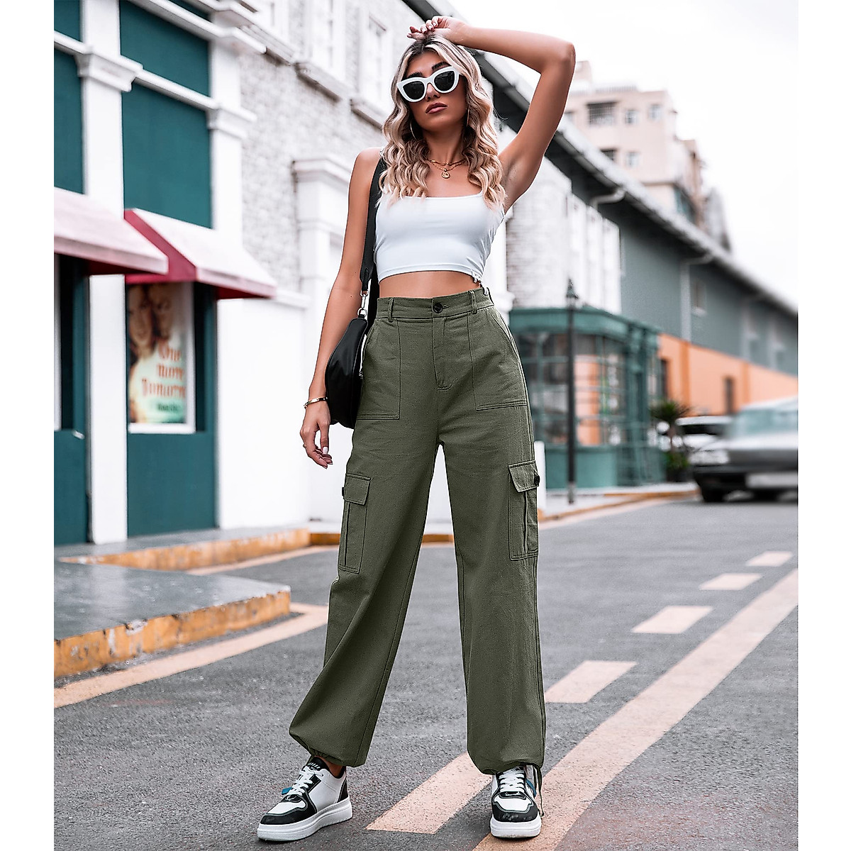 ZMPSIISA Women High Waisted Cargo Pants Wide Leg Casual Pants 6 Pockets Combat Military Trousers(Green,Small)