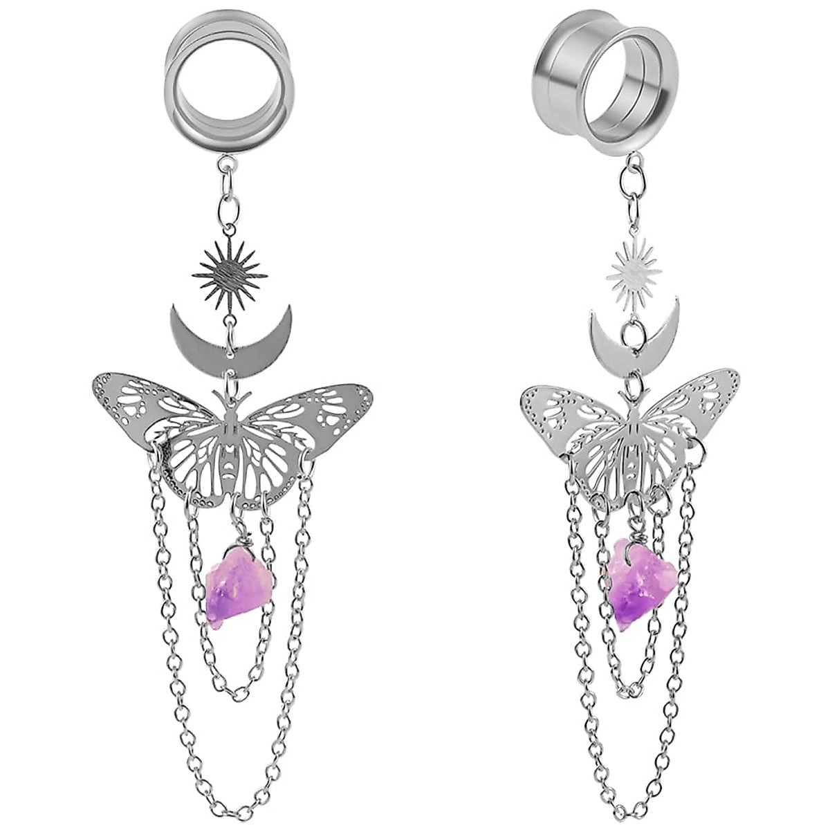 DOEARKO 2PCS New Butterfly-Pendant Hypoallergenic Stainless Steel Dangle Ear Plugs Tunnels Ear Gauges Stretcher Pair Selling 2g 0g Piercing Body Jewelry (10mm(00G), Silver)