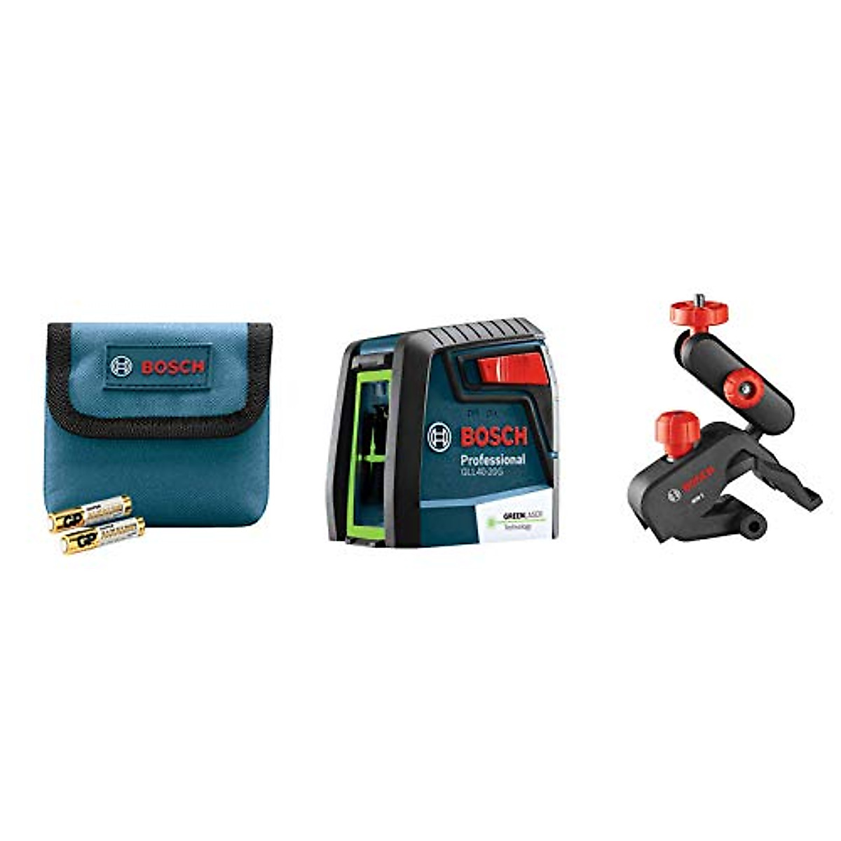 Bosch GLL40-20G 40ft Green-Beam Self-Leveling Cross-Line Laser with VisiMax Technology, 360 Degree Flexible Mounting Device and Carrying Pouch