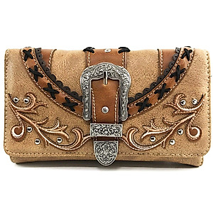 Zelris Western Country Floral Buckle Rucksack Backpack with Matching Wallet Set (Tan)