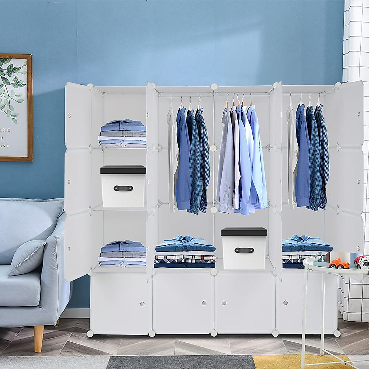 Maximize Home Organization with Stackable Modular Shelving Closet Organizer Plastic Storage Cubes with Hanging Rod and Wardrobe Cabinet - White Doors
