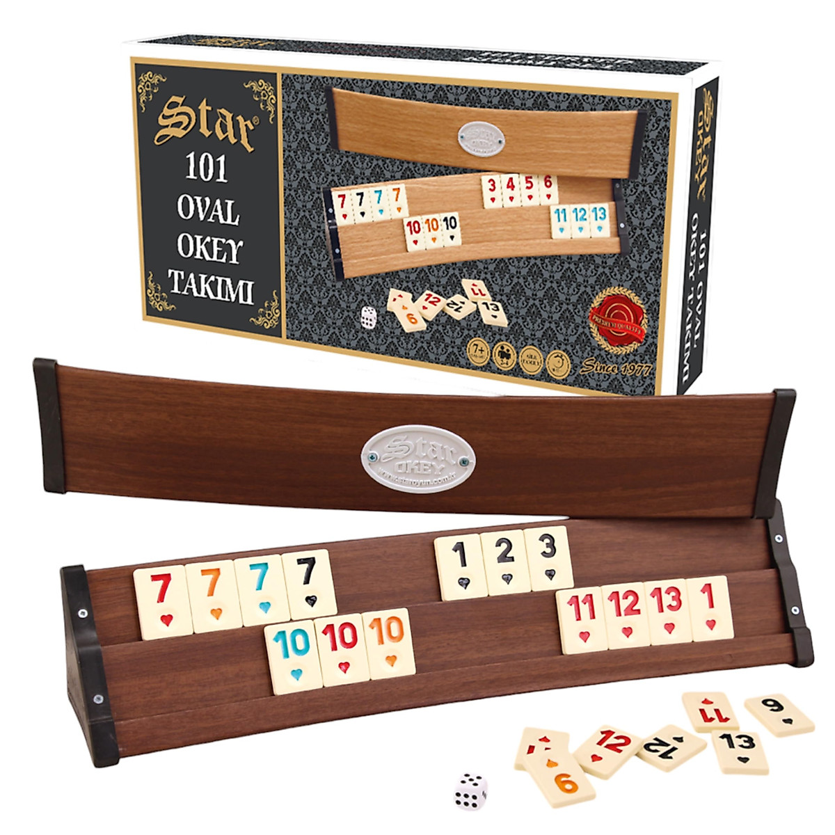 LaModaHome Premium Curved Rummy, Okey, 101 Game Set, Portable Bag, Unscratchable Tiles and Racks, Outdoor and Indoor Game for Family & Friends, Classic Travel Tabletop Fun - Brown