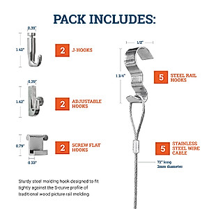 Picture Rail Molding Hooks and Wire - 5 Pack - Includes Silver Rail Hooks, Wire Cables and Adjustable Frame Hangers