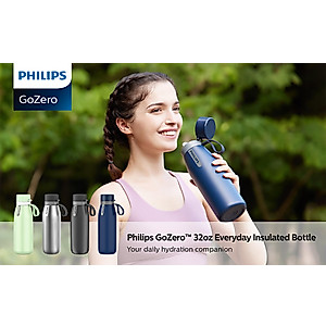 PHILIPS Filtered Water Bottle, Insulated Stainless Steel Water Purifier Bottle for Daily Life & Travel, BPA Free with GoZero Everyday Filter for Cleaner & Tastier Tap Water, Keeps Cold, 32 oz Gray