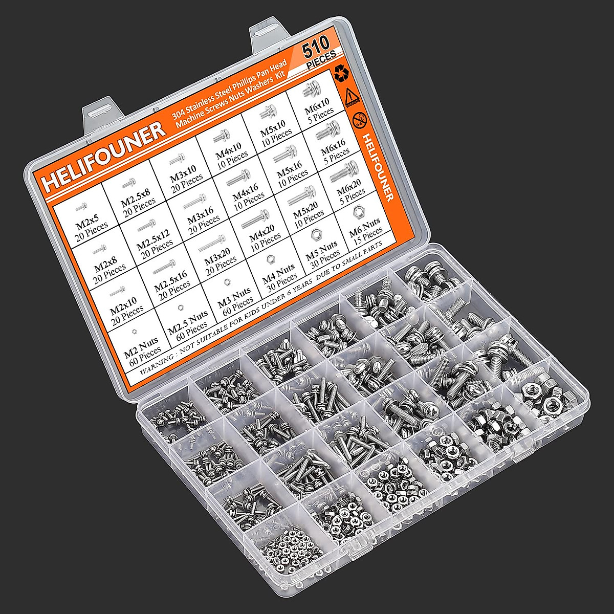 HELIFOUNER 510 Pieces Phillips Pan Head Machine Screws Nuts Washers Assortment Kit, Stainless Steel 304, Full Thread (M2 M2.5 M3 M4 M5 M6)