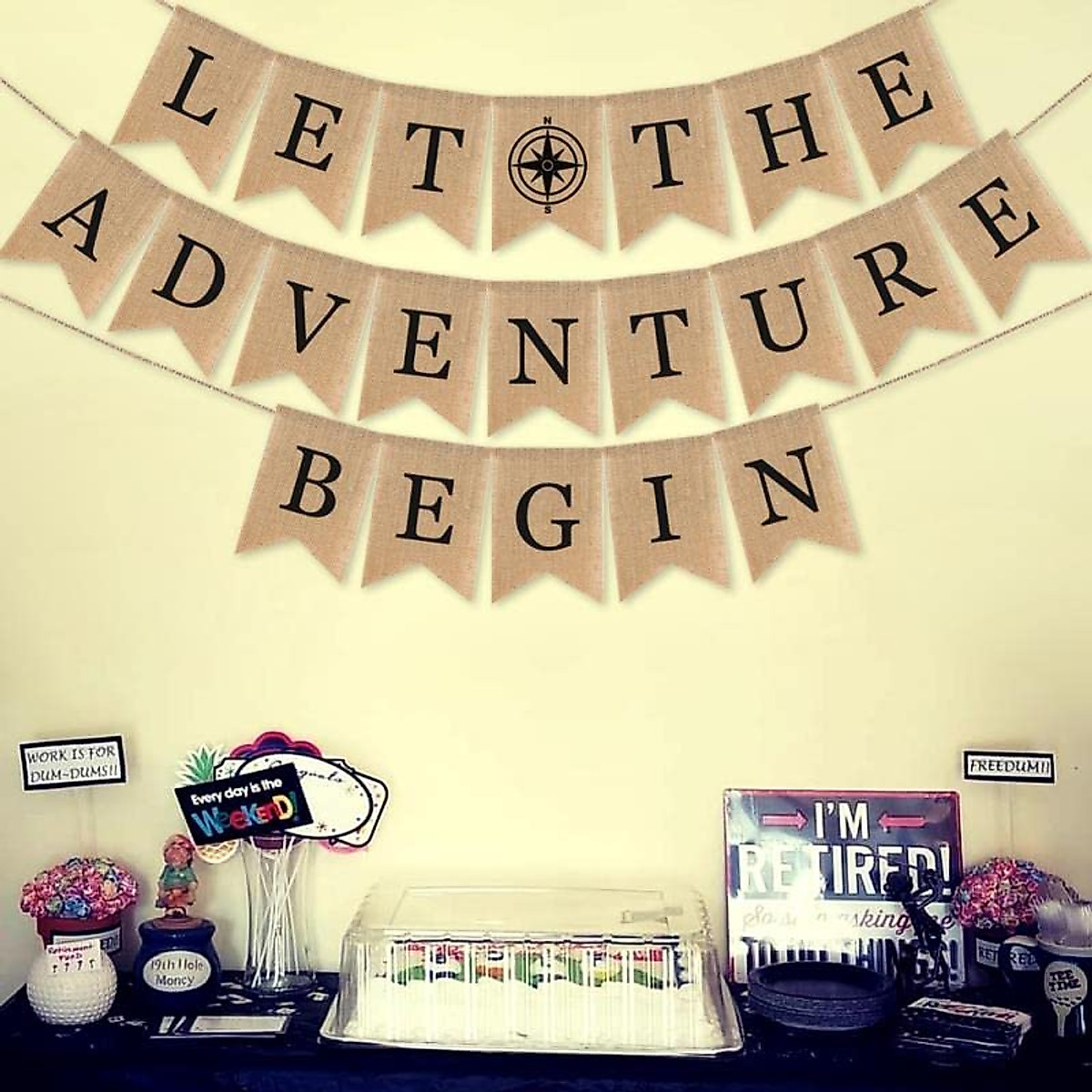 SWYOUN Burlap Let the Adventure Begin Banner Adventure Awaits Travel Themed Party Supplies Baby Shower Graduation Retirement Party Mantle Fireplace Decoration