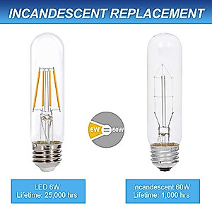 Simba Lighting LED T10 Tubular Edison Filament Light Bulbs (3 Pack) 6W Dimmable 60W Equivalent 120V for Cabinet Display, Piano Lamps, Clear Glass Decorative, Standard Medium E26 Base, Warm White 2700K