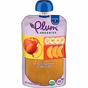 Plum Organics | Stage 2 | Organic Baby Food Meals [6+ Months] | Peach, Banana, Apricot | 4 Ounce Pouch (Pack Of 6) Packaging May Vary