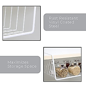 Smart Design Undershelf Storage Basket - Medium - Snug Fit Arms - Steel Metal Wire - Rust Resistant Finish - Cabinet, Pantry, Shelf Organization - Kitchen (16 x 5.5 Inch) [White]