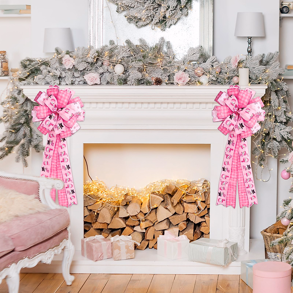 Whaline 6 Rolls Christmas Wired Edge Ribbon Pink Xmas Winter Holiday Craft Ribbon Buffalo Plaid Santa Snowman Snowflake Christmas Tree Truck Gift Wrapping Ribbon for Bow Wreath Crafts, 30 Yards