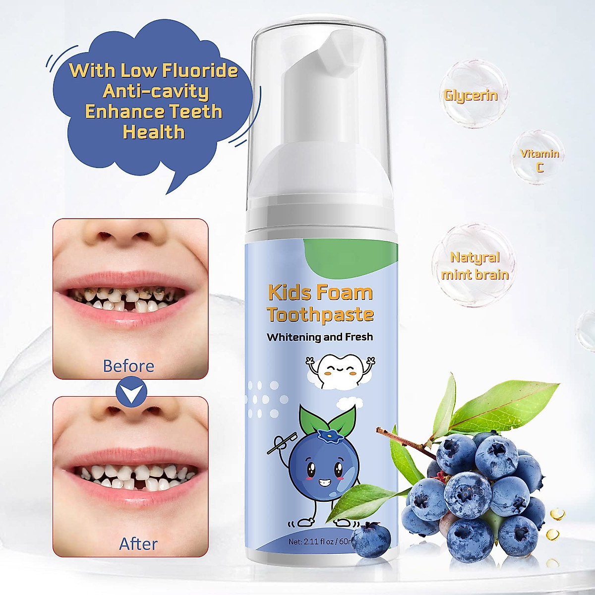 Foam Toothpaste Kids, Toddler Toothpaste with Low Fluoride, Foaming Toothpaste Kids and Mouthwash for Dental Care for Children 3+