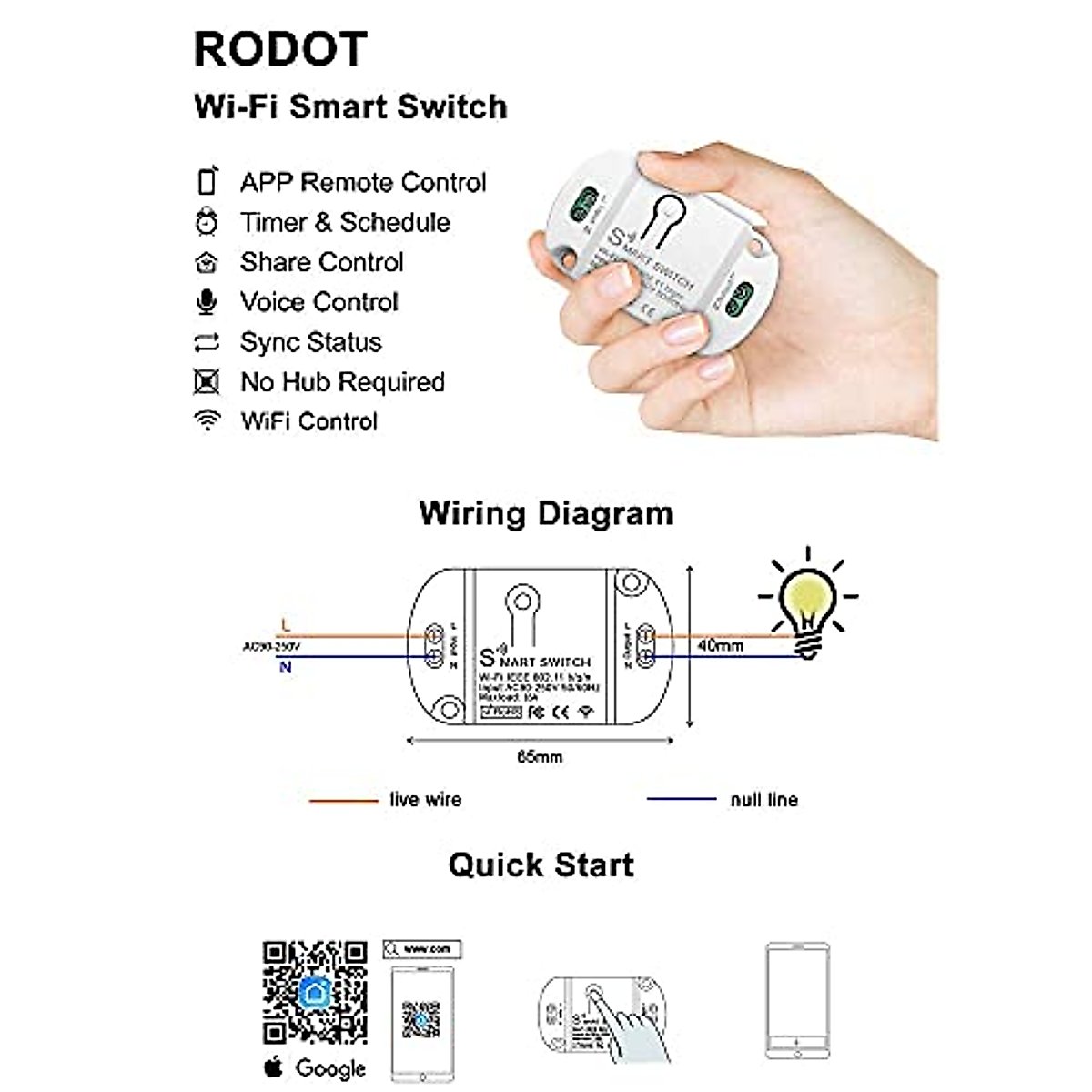 16A Basic Wireless Smart Switch，Wi-Fi Light Switch Compatible with Alexa & Google Home & SmartThings,FCC Certified,No Hub Required Support DIY Module (2-Pack)