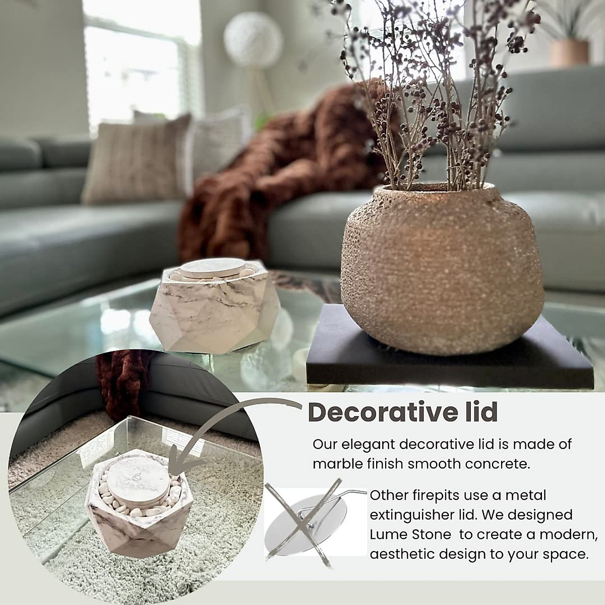 Tabletop Fire Pit Bowl- Portable Fire Pit for Indoor and Outdoor, Modern Concrete Indoor Fire Pit, Clean Flame for S’Mores, Elegant Table Top Firepit