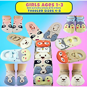 Baby Toddler Girls Grip Socks Non-Slip Gripper Socks Anti Slip Strap Socks 1-3 Year Old Gift Gripper Socks Animal Cartoon Little Girl Yoga Socks